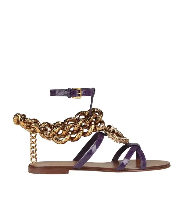 Dolce & Gabbana Embellished Patent Leather Ankle Strap Sandals - Brown