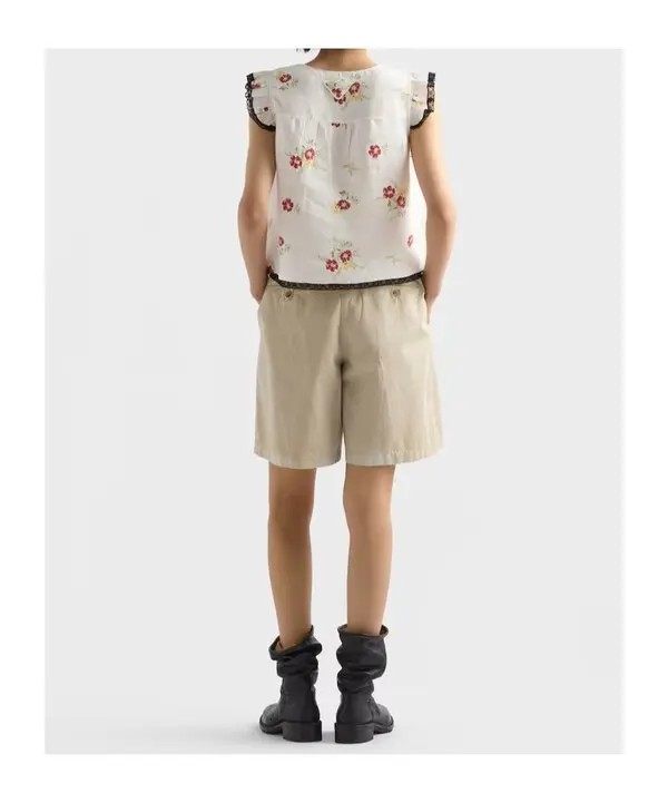 Prada Linen Top With Floral Motif And Lace Trim