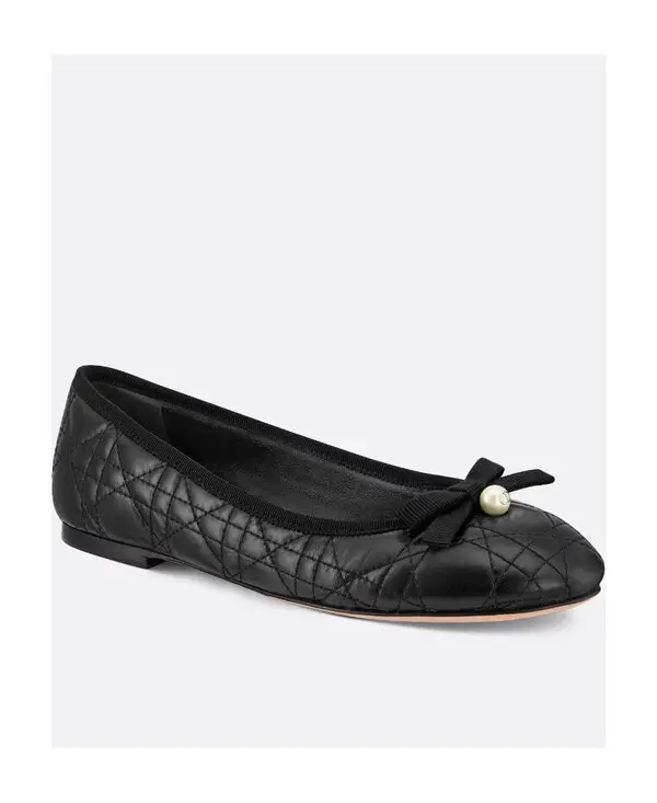 Dior Quilted Leather Ballerina Flats With Bow And Cd Pearl Detail - Black