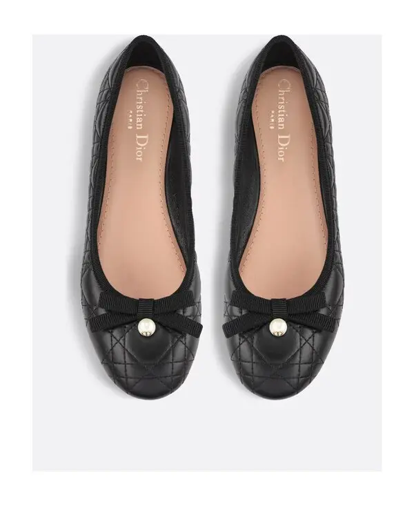 Dior Quilted Leather Ballerina Flats With Bow And Cd Pearl Detail - Black
