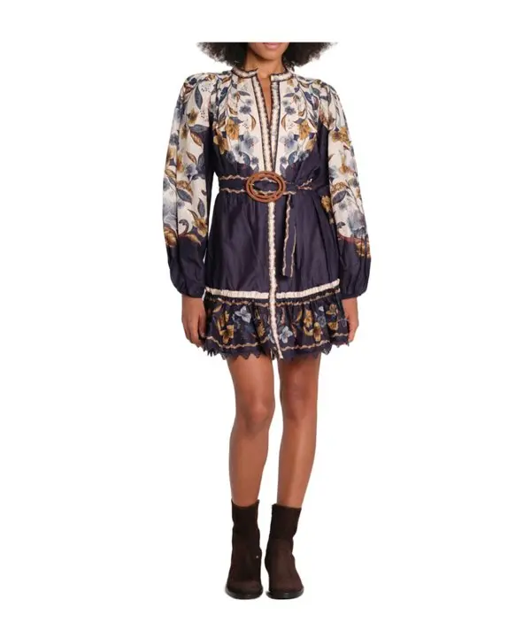 Farm Rio Printed Long Sleeve Belted Dress - Navy