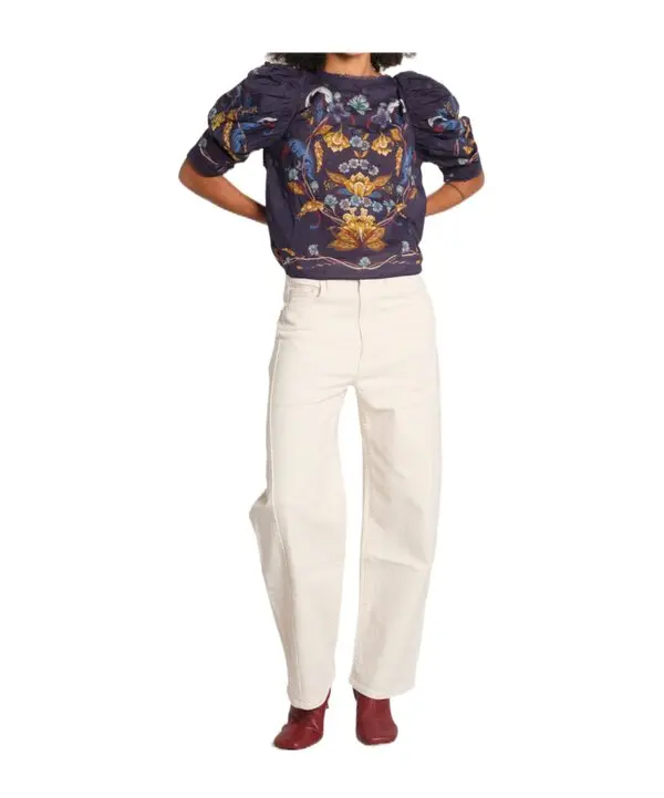 Farm Rio Short Sleeve Printed Puff Sleeve Cropped Shirt