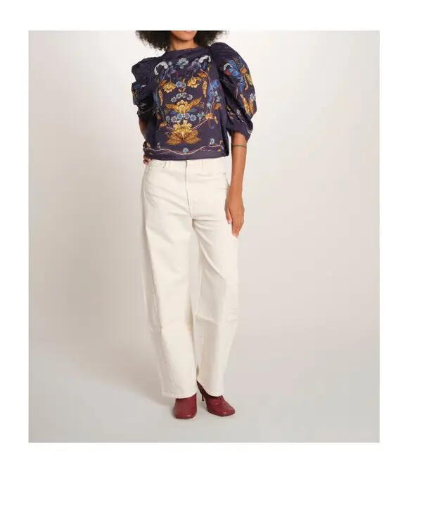 Farm Rio Short Sleeve Printed Puff Sleeve Cropped Shirt