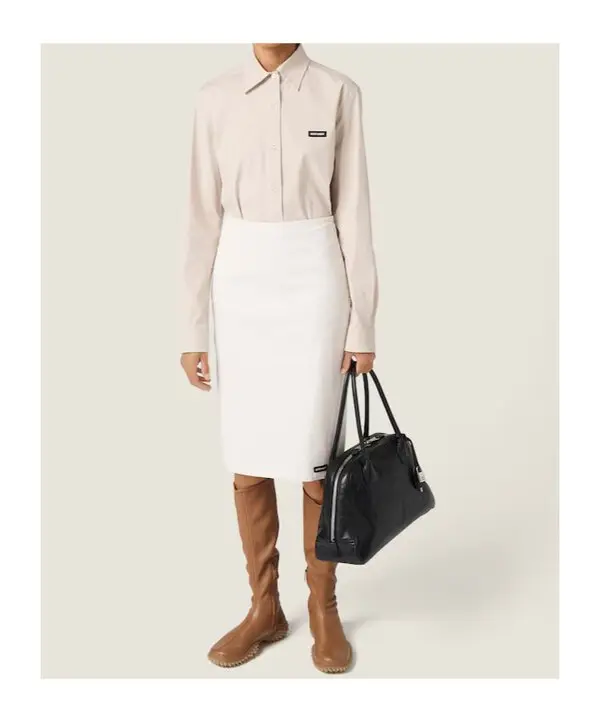 Miu Miu Logo Patch Stretch Poplin Shirt - Limestone