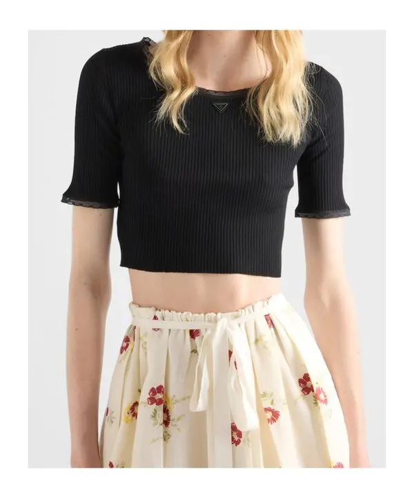 Prada Cropped Ribbed Cotton T-shirt With Lace Trim