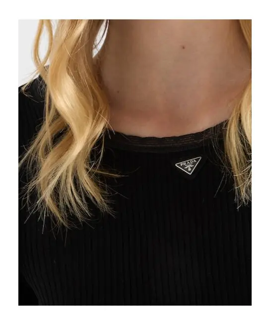 Prada Cropped Ribbed Cotton T-shirt With Lace Trim