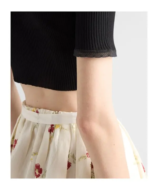 Prada Cropped Ribbed Cotton T-shirt With Lace Trim