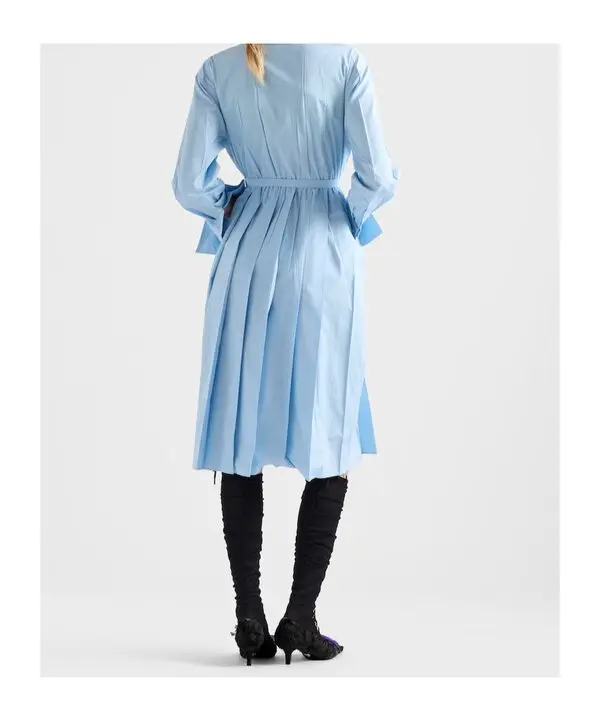 Prada Cotton Poplin Midi Dress With Pleated Skirt And Appliqué Rose