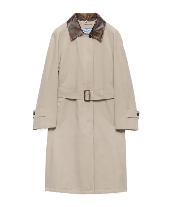 Prada Single-breasted Poplin Coat With Removable Leather Collar