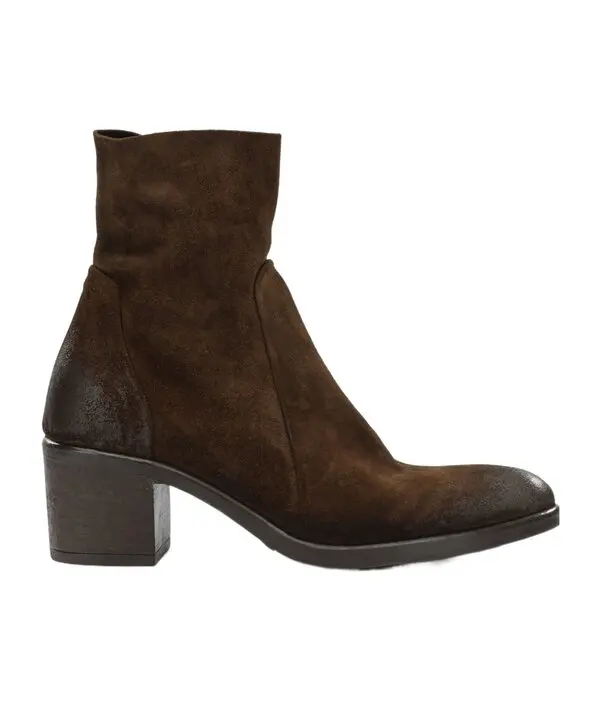 STRATEGIA Mid Heel Block Ankle Boots With Zip Up And Distressed Texture - Brown