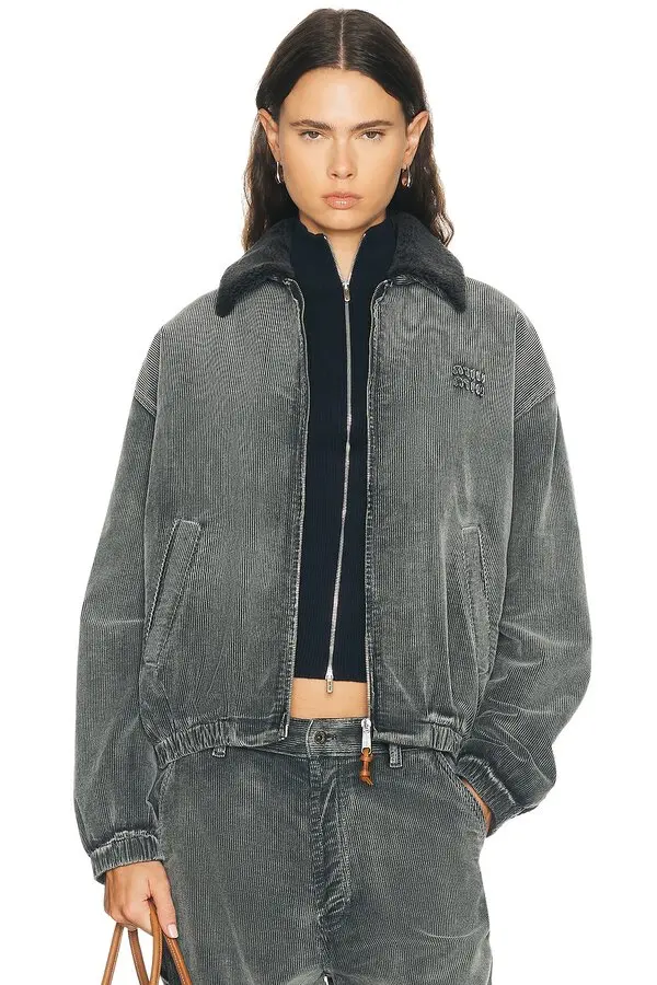 Miu Miu Corduroy Zip-up Jacket With Fleece Collar