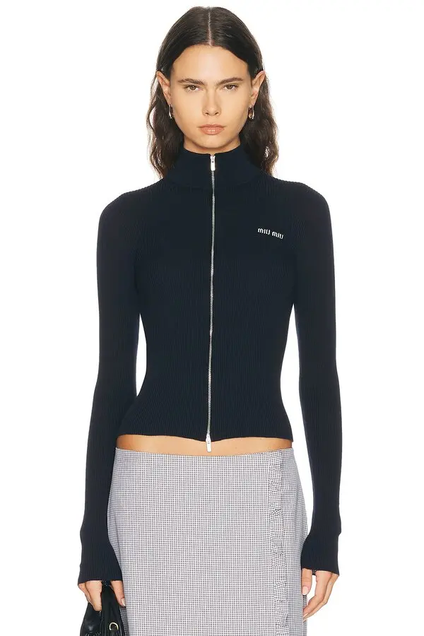 Miu Miu Ribbed Cotton Zip-up Top - Bleu