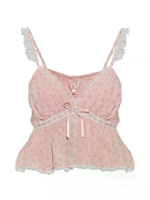 LoveShackFancy Nicoleta Floral-print Lace-trimmed Top - Pink