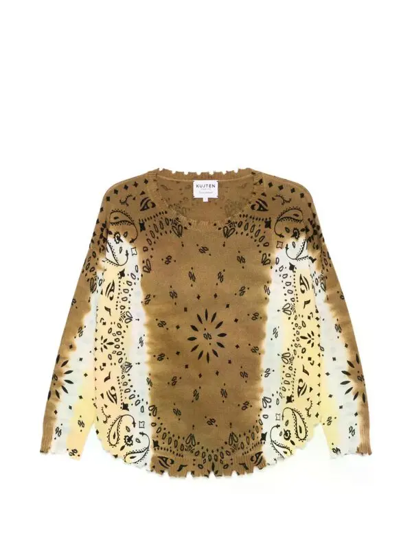 KUJTEN Bandana Print Distressed Sweater - Brown