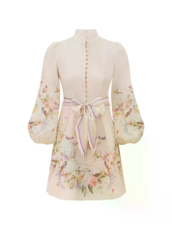 Zimmermann Floral Print High Neck Mini Dress - White