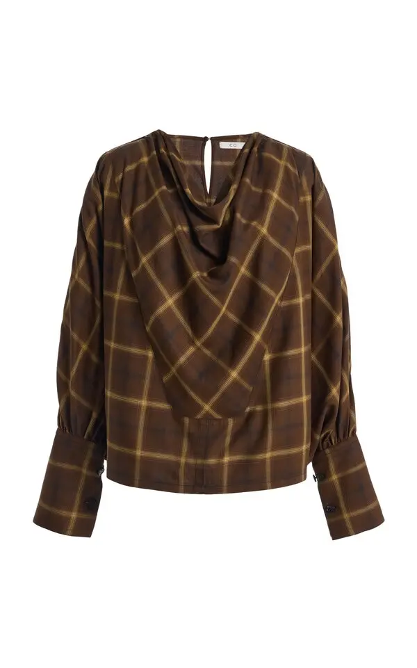 Co Draped Check Plaid Tunic Top - Brown