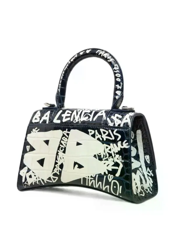 Balenciaga 2020 Croc Embossed Calfskin Graffiti Hourglass Top Handle Bag Xs Satchel - Blue