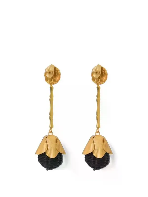 Johanna Ortiz Black Woven Texture Floral Motif Drop Earrings