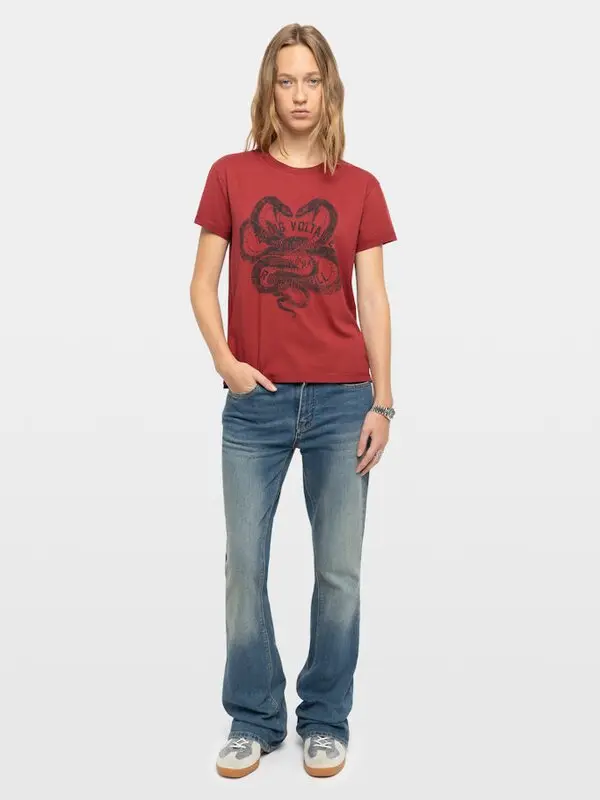 Zadig&Voltaire Walk Cotton T-shirt With Snake Print And Rhinestones