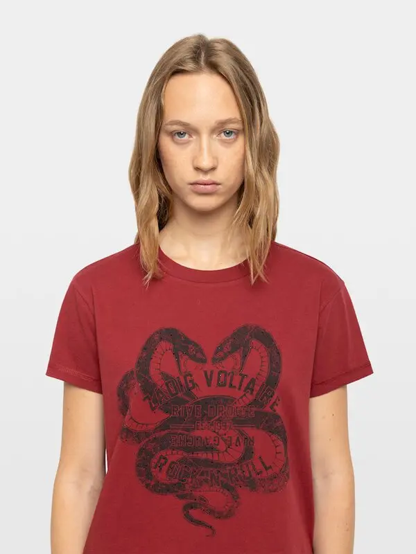 Zadig&Voltaire Walk Cotton T-shirt With Snake Print And Rhinestones