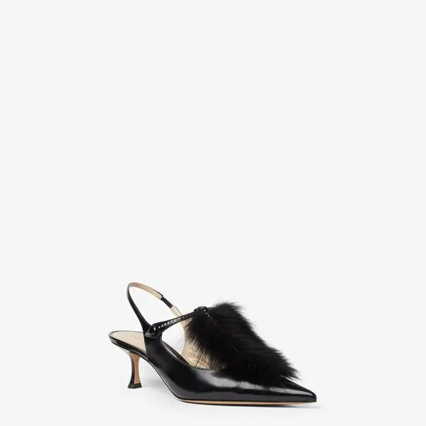 Fendi Calfskin Slingback Heels With Fox Fur Detail