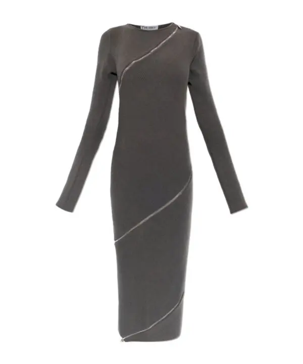 Attico Long Sleeve Dress With Decorative Zipper Detail - Grey
