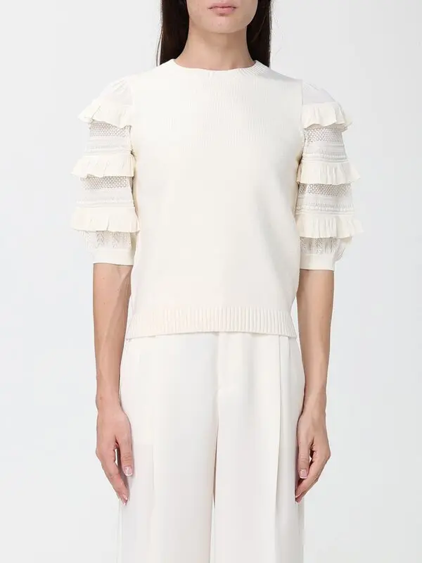 TWINSET Short Sleeve Embroidered Wool Blend Jumper With Ruffles
