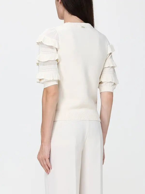 TWINSET Short Sleeve Embroidered Wool Blend Jumper With Ruffles