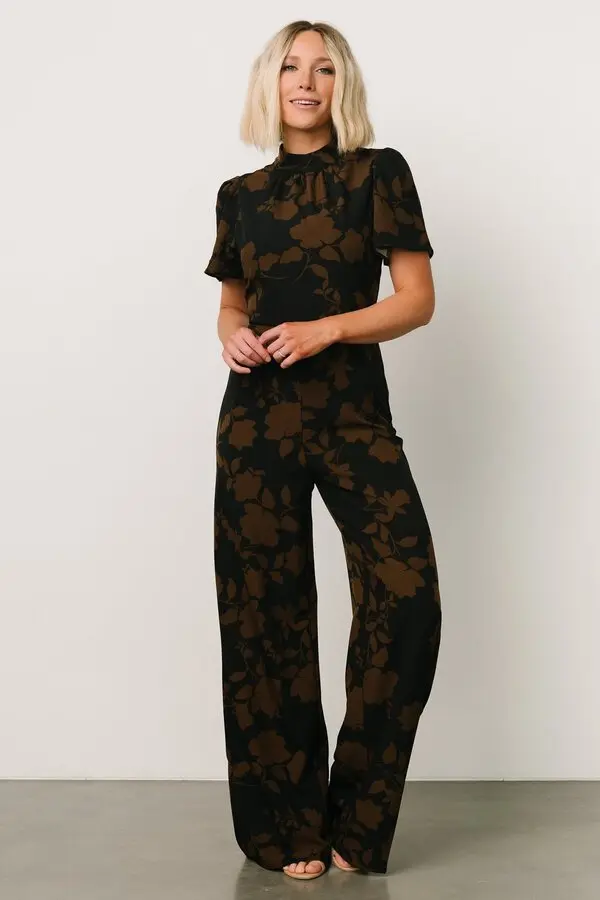 SUGAR LIPS Langham Mock Neck Jumpsuit Floral Print - Espresso Print