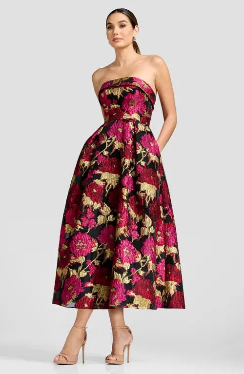 Dress The Population Mika Strapless Metallic Brocade Fit-and-flare Cocktail Dress