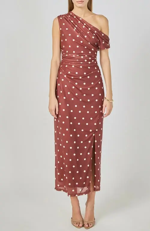 Endless Rose One-shoulder Ruched Polka Dot Mesh Maxi Dress