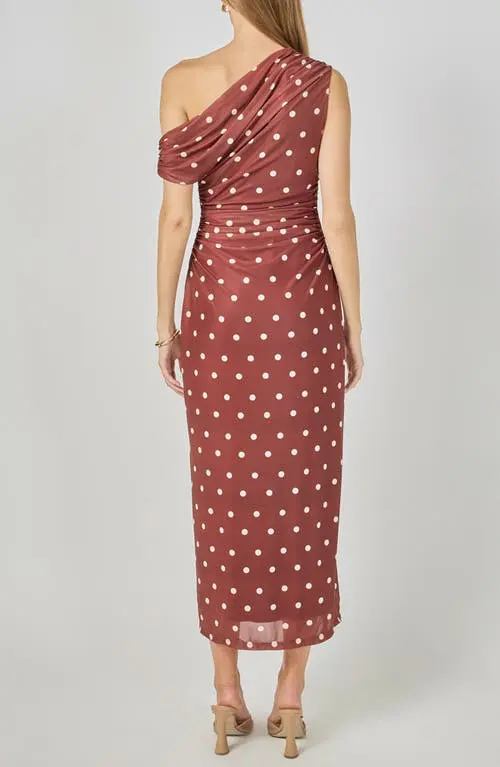Endless Rose One-shoulder Ruched Polka Dot Mesh Maxi Dress