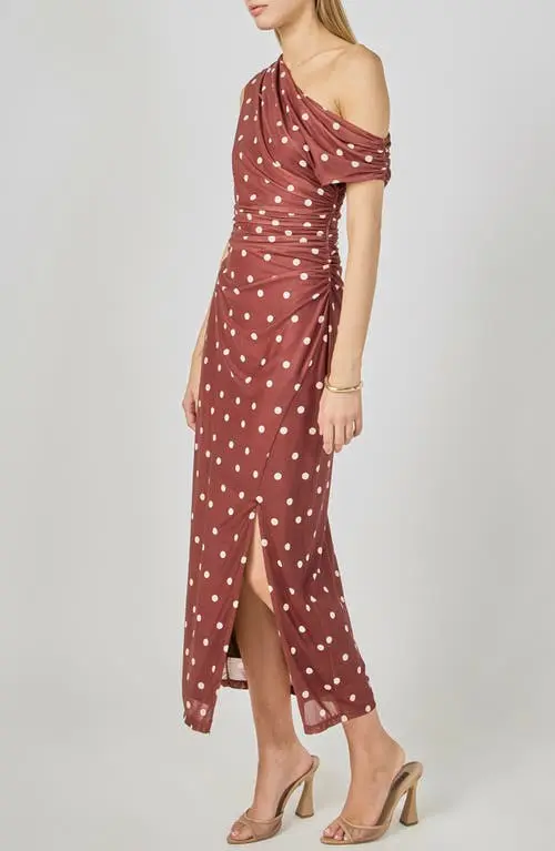 Endless Rose One-shoulder Ruched Polka Dot Mesh Maxi Dress
