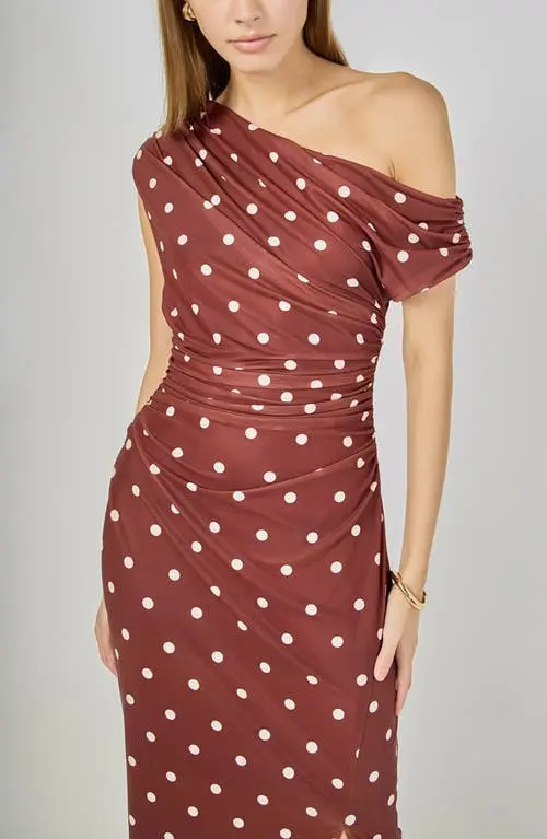 Endless Rose One-shoulder Ruched Polka Dot Mesh Maxi Dress