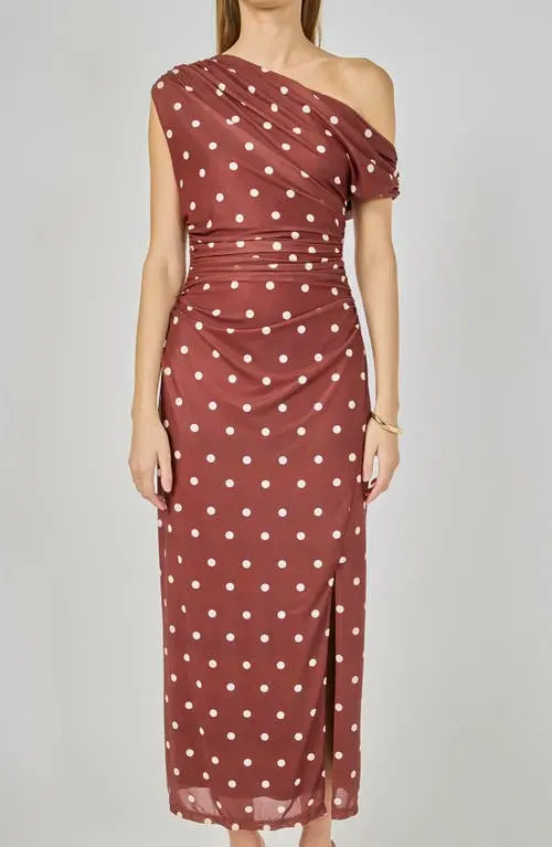 Endless Rose One-shoulder Ruched Polka Dot Mesh Maxi Dress