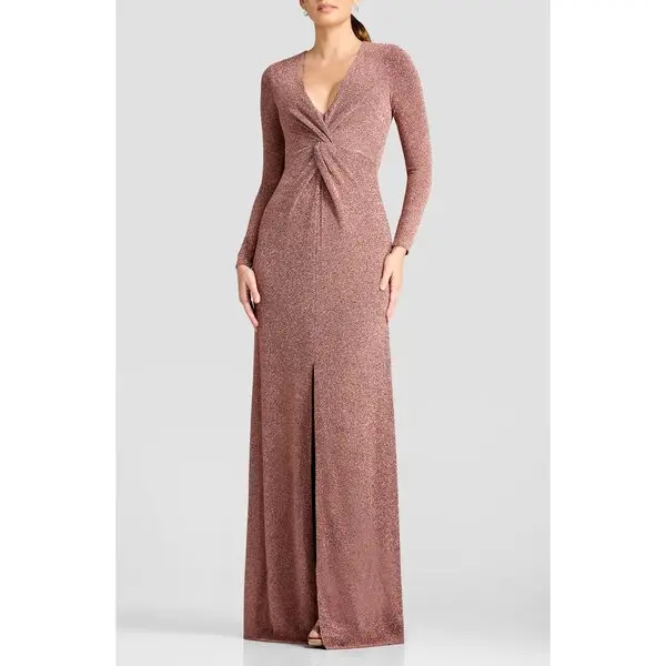 Dress The Population Aya Front Twist Long Sleeve Gown