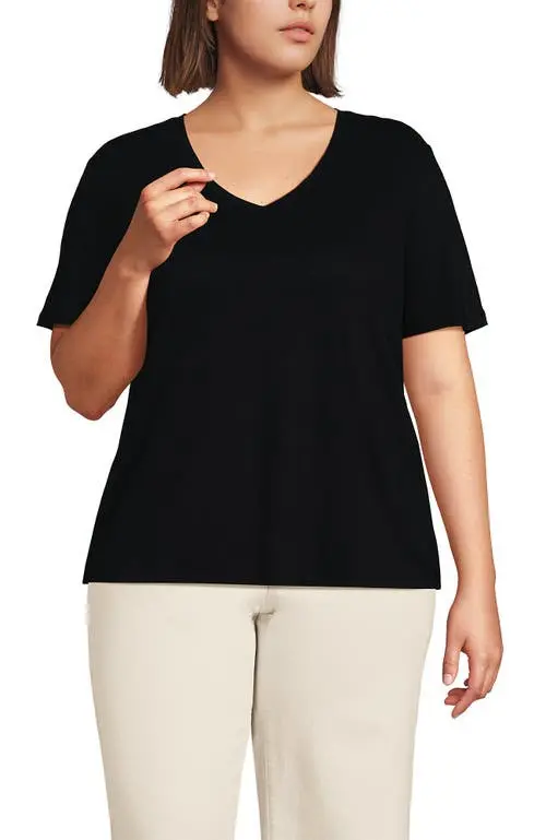 LANDS' END Short Sleeve Linen Blend V-neck Tee - Black