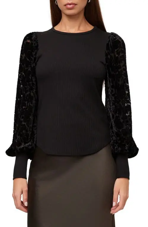 Fifteen Twenty Burnout Bishop-sleeved Ribbed Top - Black