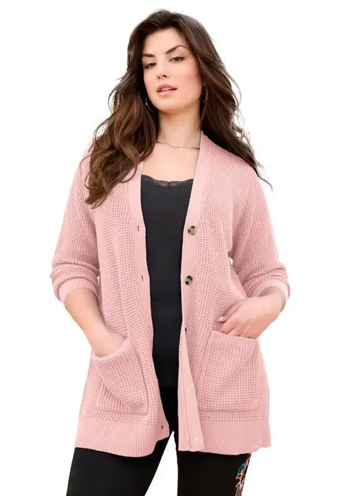 Roaman's Waffle Knit Button Front Cardigan - Soft Blush