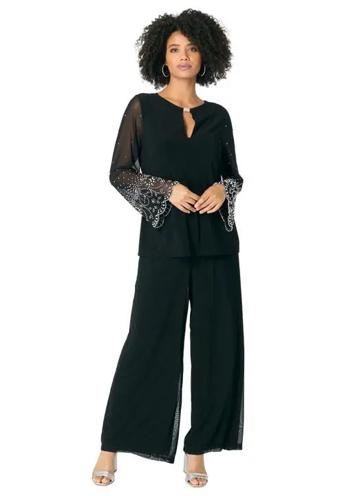 Roaman's Embellished Mesh Overlay Top With Keyhole Neck And Scalloped Sleeves - Black