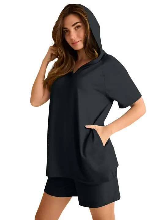 Roaman's Comfort+ Fleece V-neck Hooded Sweatshirt - Black