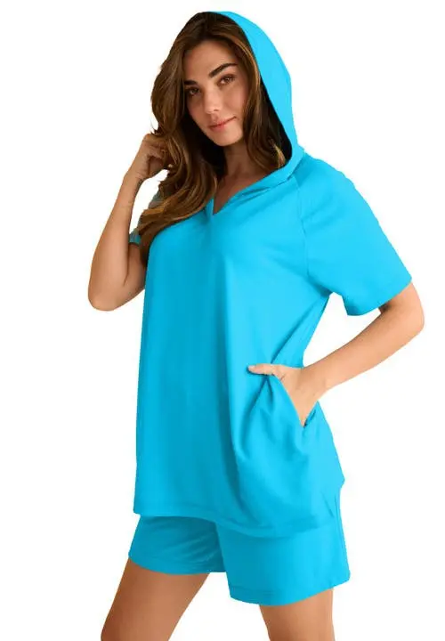 Roaman's Comfort+ Fleece V Neck Hooded Sweatshirt - Ocean