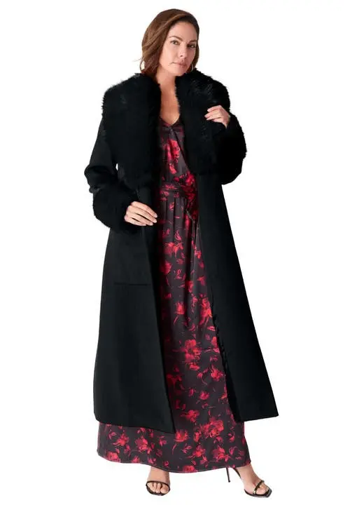 Roaman's Wool Blend Coat With Faux Fur Trim