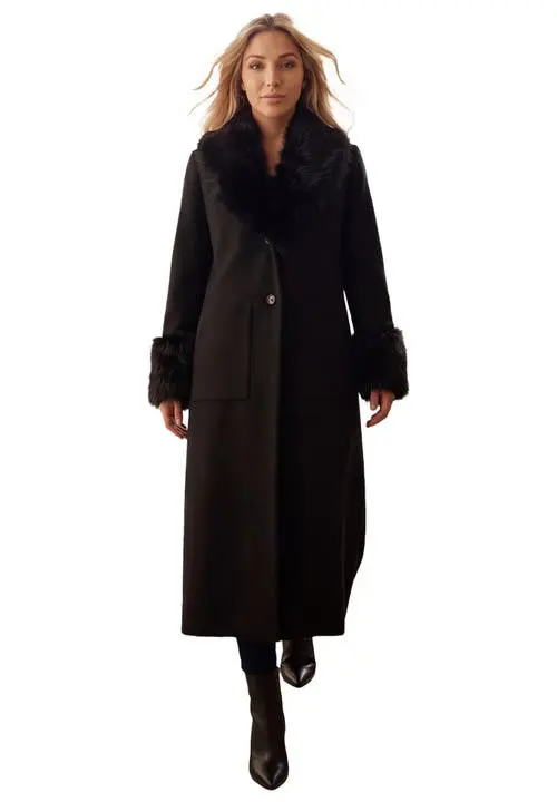 Roaman's Wool Blend Coat With Faux Fur Trim - Black