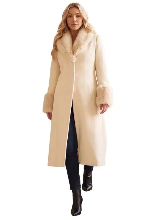 Roaman's Wool Blend Coat With Faux Fur Trim - Ivory