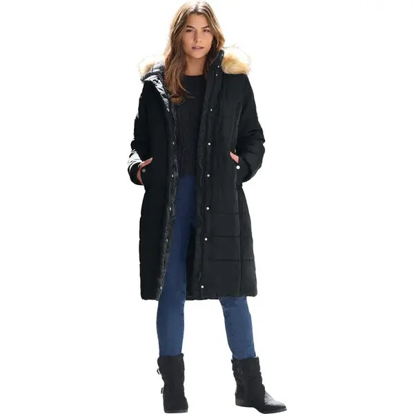 Roaman's Quilted Puffer Coat With Detachable Faux Fur Hood - Black