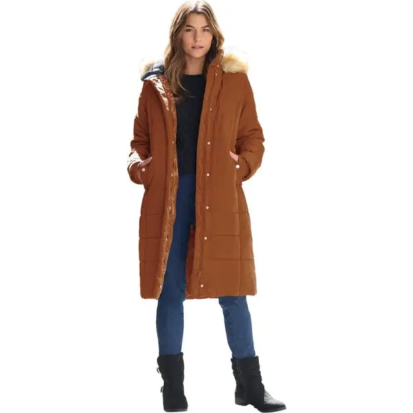 Roaman's Quilted Puffer Coat With Detachable Faux Fur Hood - Cognac