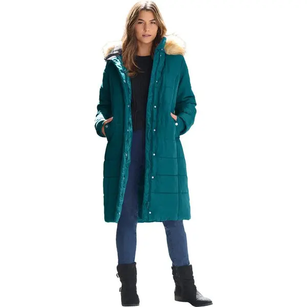 Roaman's Quilted Puffer Coat With Detachable Faux Fur Hood - Deep Lagoon