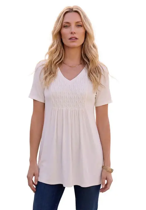 Roaman's V-neck Smocked Yoke A-line Tunic - Ivory