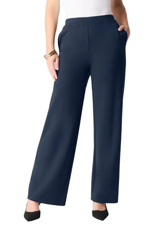 Roaman's Ponte Wide Leg Pull-on Pants With Pockets - Navy